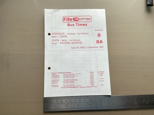 Fife Scottish Bus Group Route 8 8A Timetable September 1985 Kirkcaldy ...