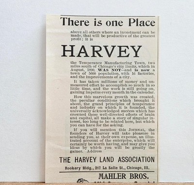1893 Harvey Illinois Turlington Harvey Land Assoc. Temperance Mfg Town ...