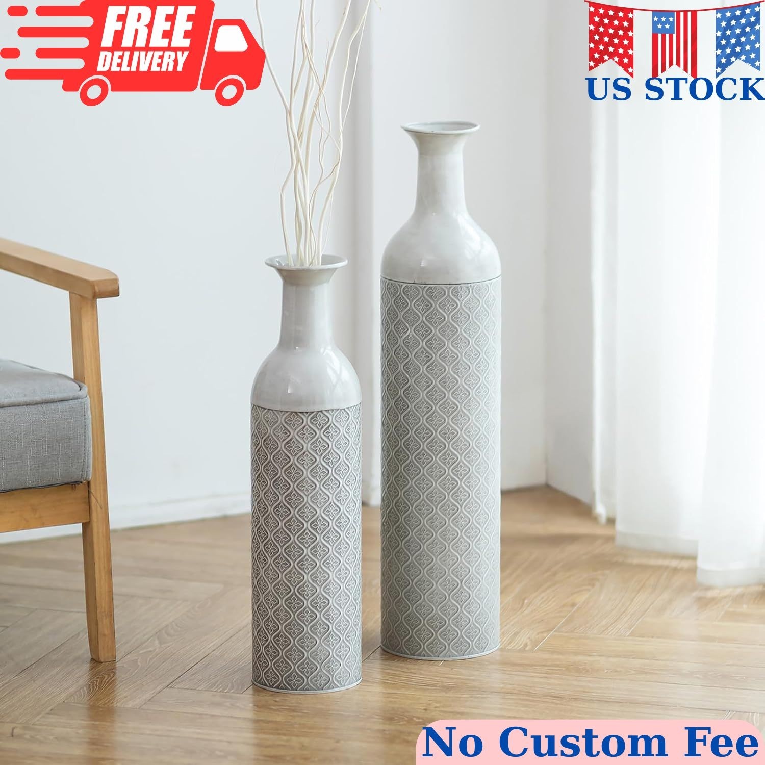 Tall Extra Large Floor Vases - 21.65/27.56in Glazed Metal Set of 2 Big ...
