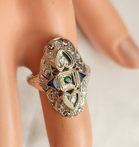 ANTIQUE EDWARDIAN 18KWG DIAMOND, EMERALD & SAP. RING S-7 3/4 | eBay