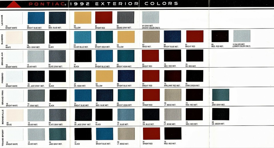 1992 Pontiac Firebird Grand Am Bonneville Factory Colors Brochure w ...