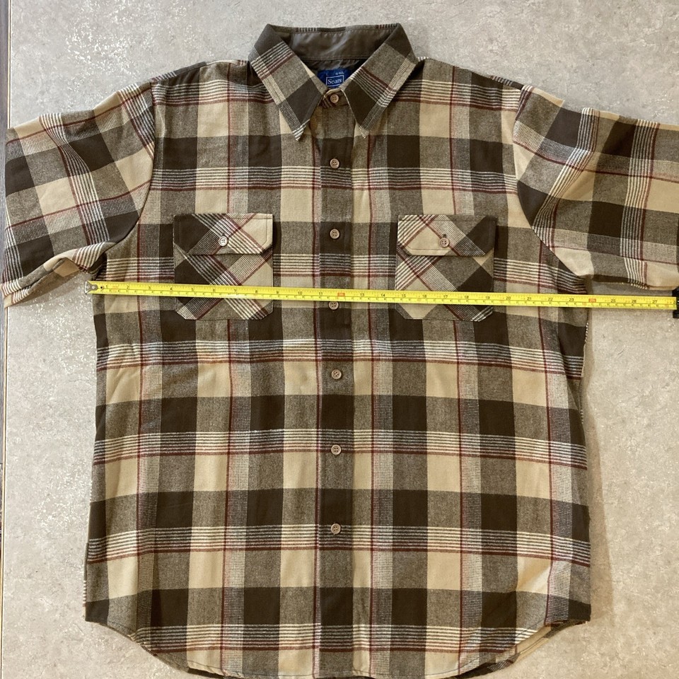 Vintage Sears Shirt Mens Large 16-16 1/2 Brown Plaid Flannel Board ...