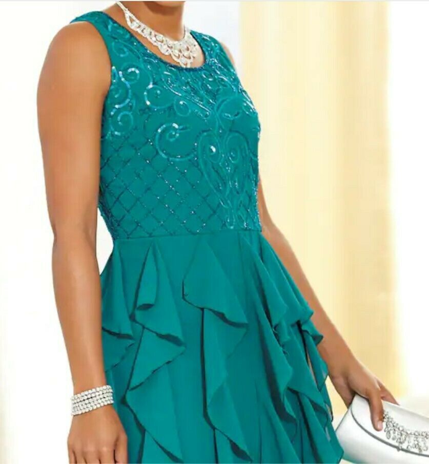 Size 16W PLUS Ashro Teal Formal Beaded Cocktail Party Cruise Frills ...