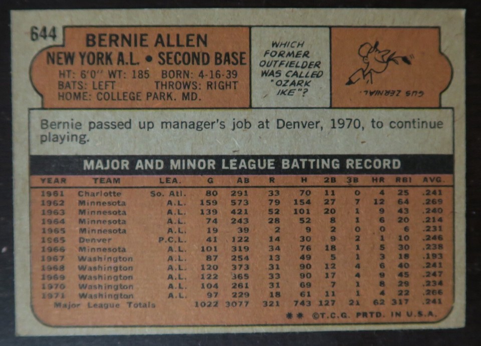Bernie Allen - 1972 Topps, EX-MT/NM, Centered, #644, Semi-High Number ...