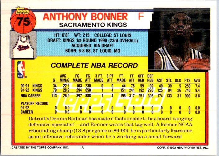 1992-93 Topps #75 Anthony Bonner Gold | eBay