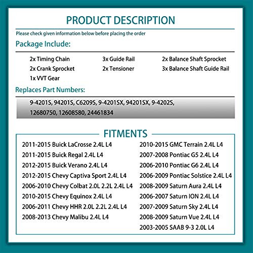 Timing Chain Kit with Tensioner Guide Rail Crank Sprocket Balance Shaft ...