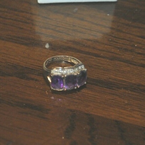 Stauer Brand Three Stone Amethyst Ladies Ring Size 7 w CZs on the Sides ...