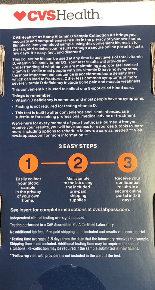 CVS Health VITAMIN D (TESTS FOR D, D2 & D3) At Home Test Sample Kit NO ...
