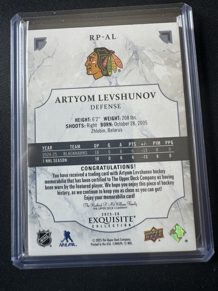 Artyom Levshunov 2025-26 UD Black Diamond Exquisite Collection Rookies ...