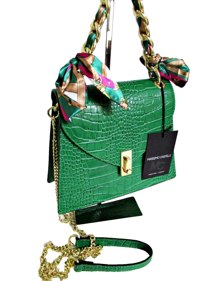 MASSIMO CASTELLI CROC EMBOSSED LEATHER BAG HANDBAG W ACCENT SCARF- MADE ...