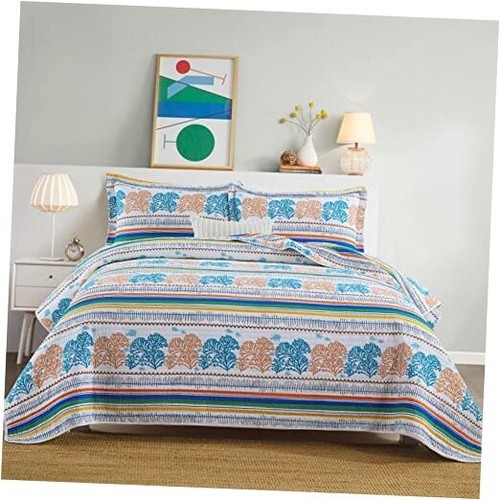 Quilt Queen Size - 3 Piece 100% Cotton Beach Queen(98"x90") Blue/White ...
