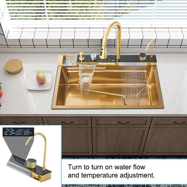 Brushed Gold Flying Rain Stainless Steel Waterfall Kitchen Sink Pull ...