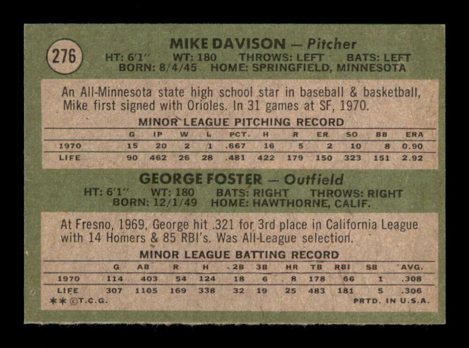 1971 Topps #276 Mike Davison/George Foster Giants Rookies EXMT X3299732 ...