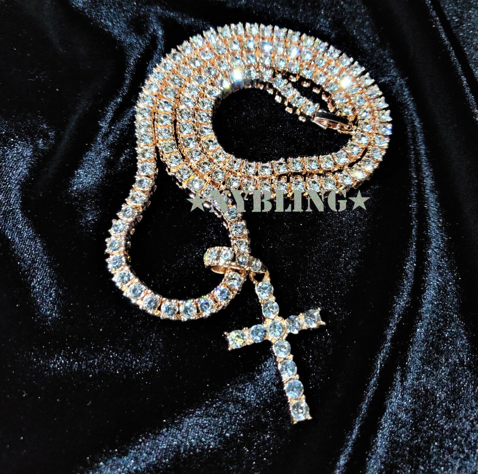 14k Gold Plated Tennis Chain Cross Pendant CZ Choker Necklace ICED ...