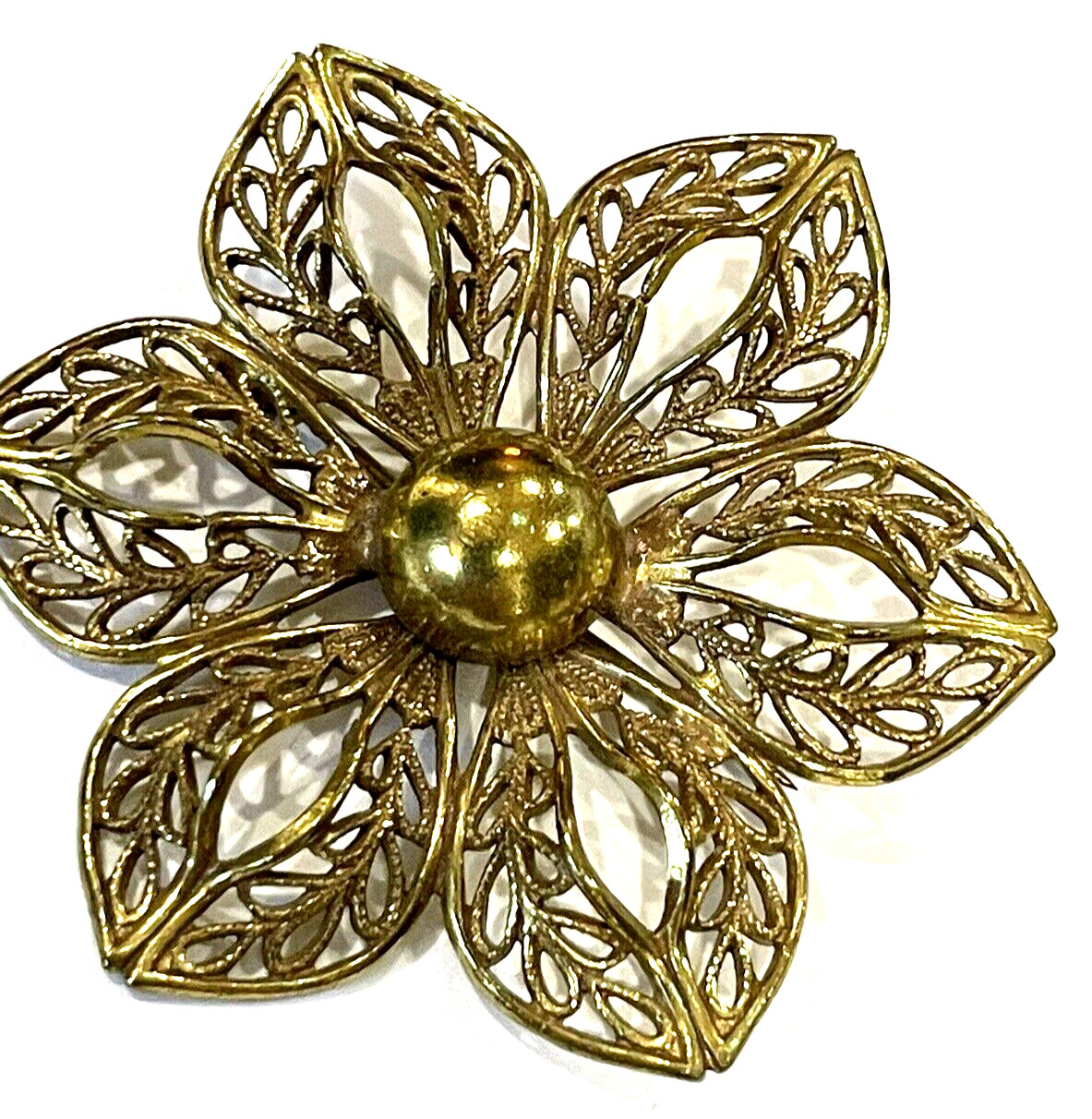Vintage 3 Brass Filigree Flower Brooch/Pins - Gem