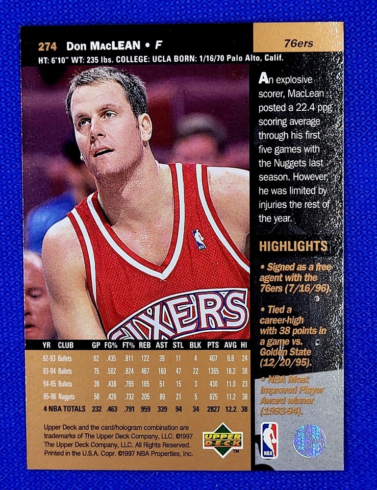 1996-97 Upper Deck Don MacLean Philadelphia 76ers #274 NBA Card | eBay