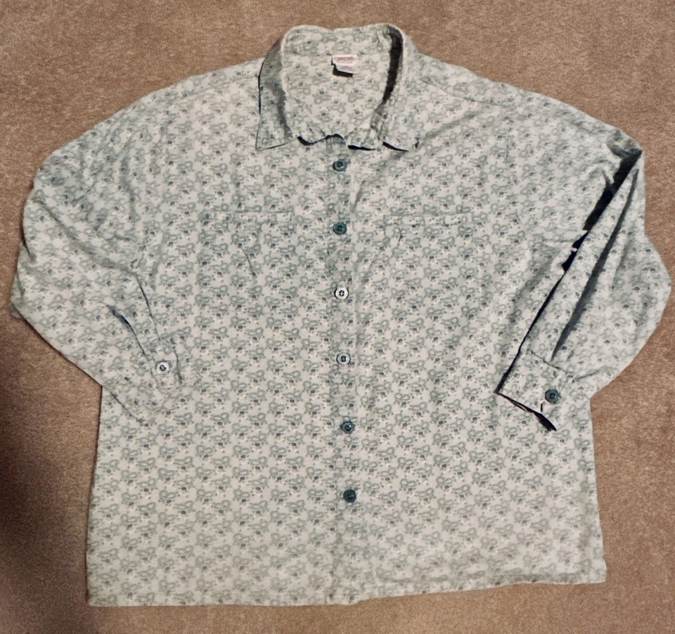 VTG CHEROKEE BLOUSE Green & Blue CHAMBRAY FLORAL SHIRT WOMENS PLUS 18 ...