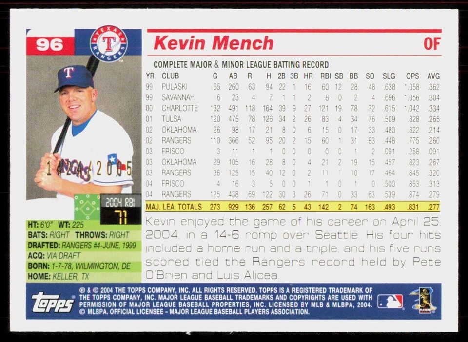 2005 Topps Gold Kevin Mench /2005 Texas Rangers #96 | eBay
