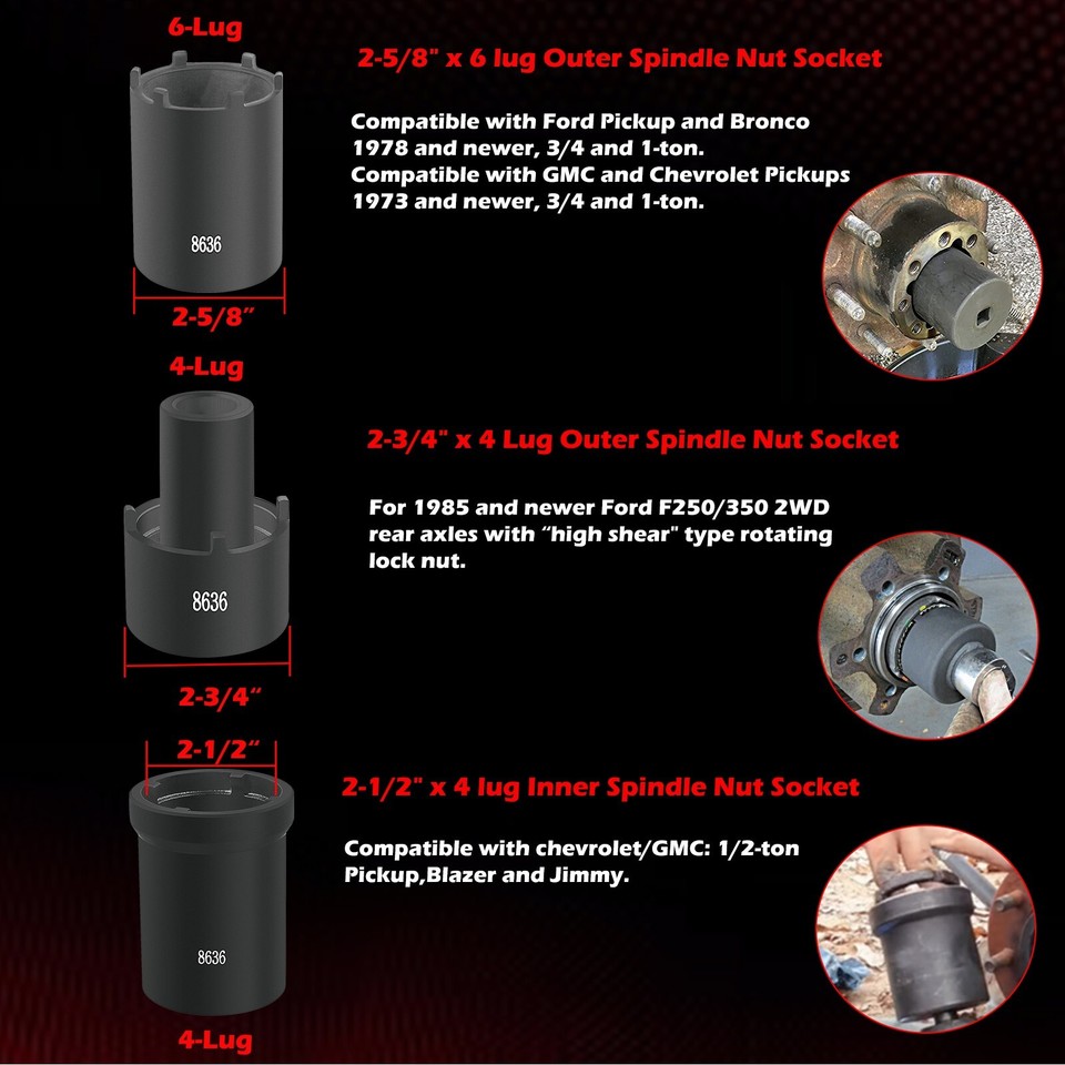 5 Pcs Spindle Nut Sockets Axle Nut Socket Set for Ford Chevy Dodge, 1/2 ...