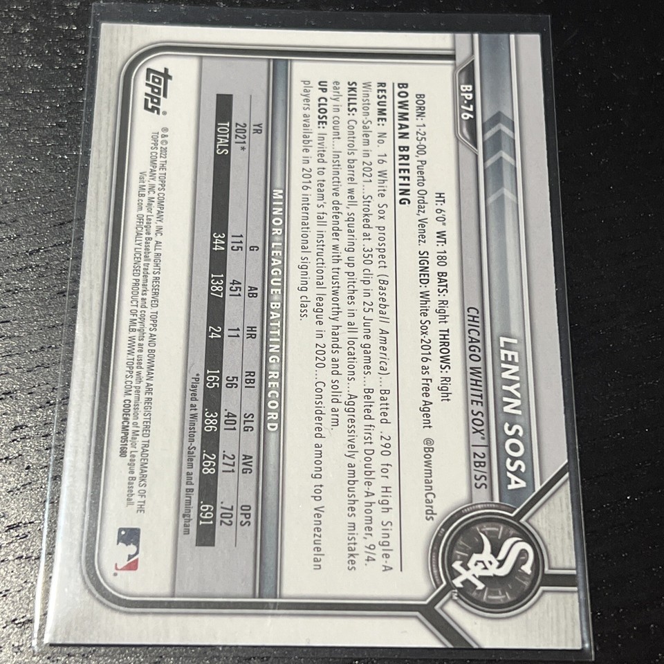 2022 BOWMAN #263/299 LENYN SOSA PINK FUSCHIA PARALLEL 1ST PRE ROOKIE RC ...