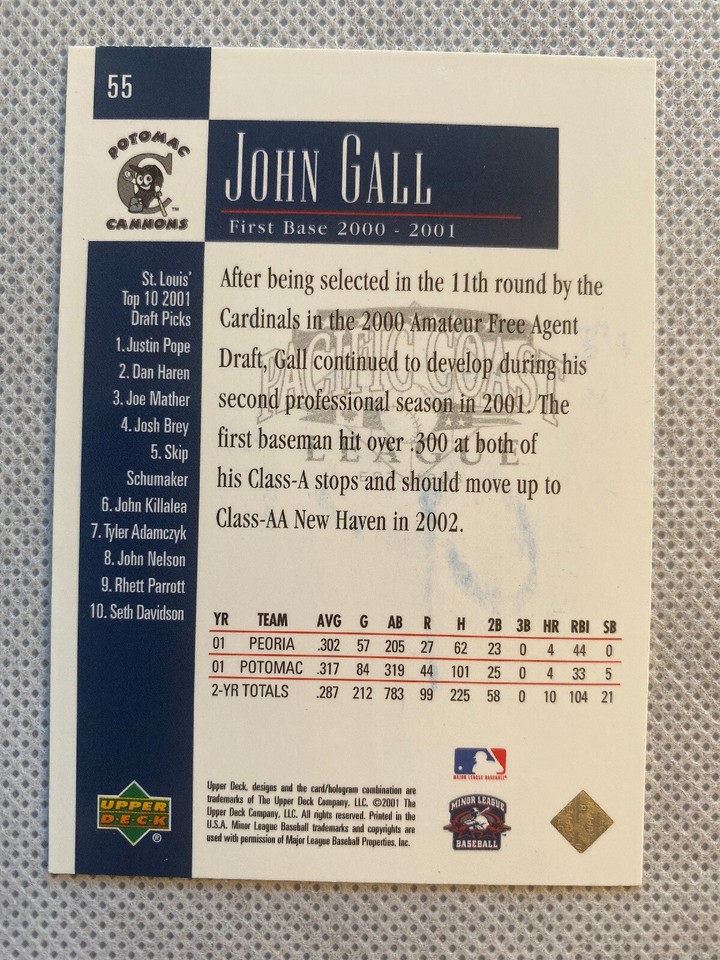 2001 Upper Deck Potomac Cannons John Gall #55 Auto Signed Autograph ...