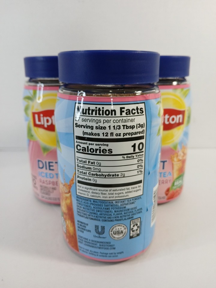 3 Jars Lipton Diet Iced Tea Raspberry DECAFFEINATED Sugar Free Mix ...