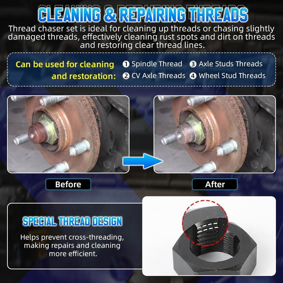 10pcs Axle Spindle Thread Chaser Kit Thread Rethreading Restorer Tool w ...