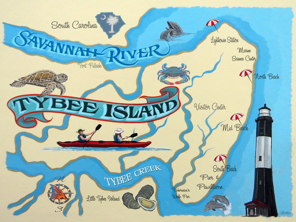 Tybee Island Georgia coastal retro map Print art decor Beach savannah ...