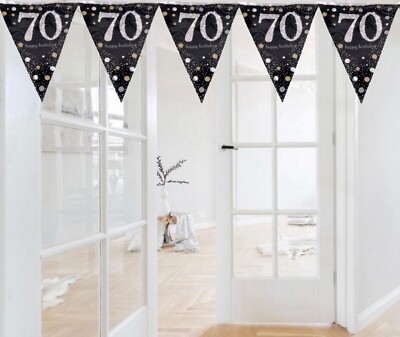 Happy 70th birthday black gold sparkles themed bunting flags. 70th ...
