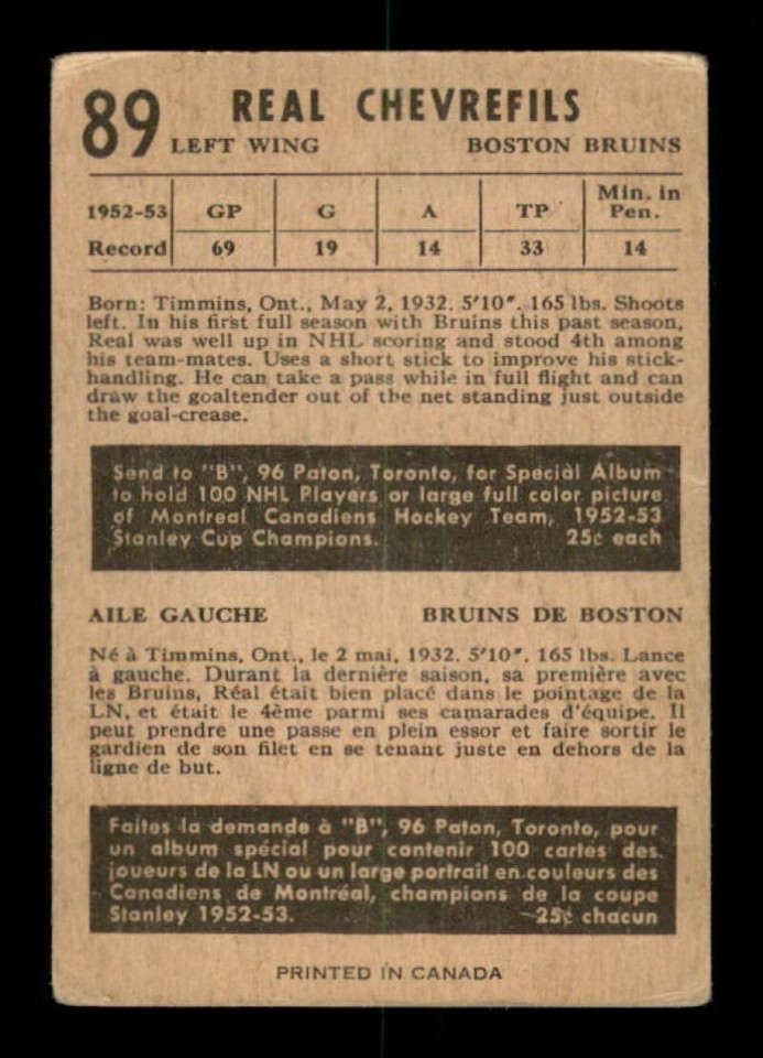 1953-54 Parkhurst #89 Real Chevrefils GVG Bruins 543403 | eBay