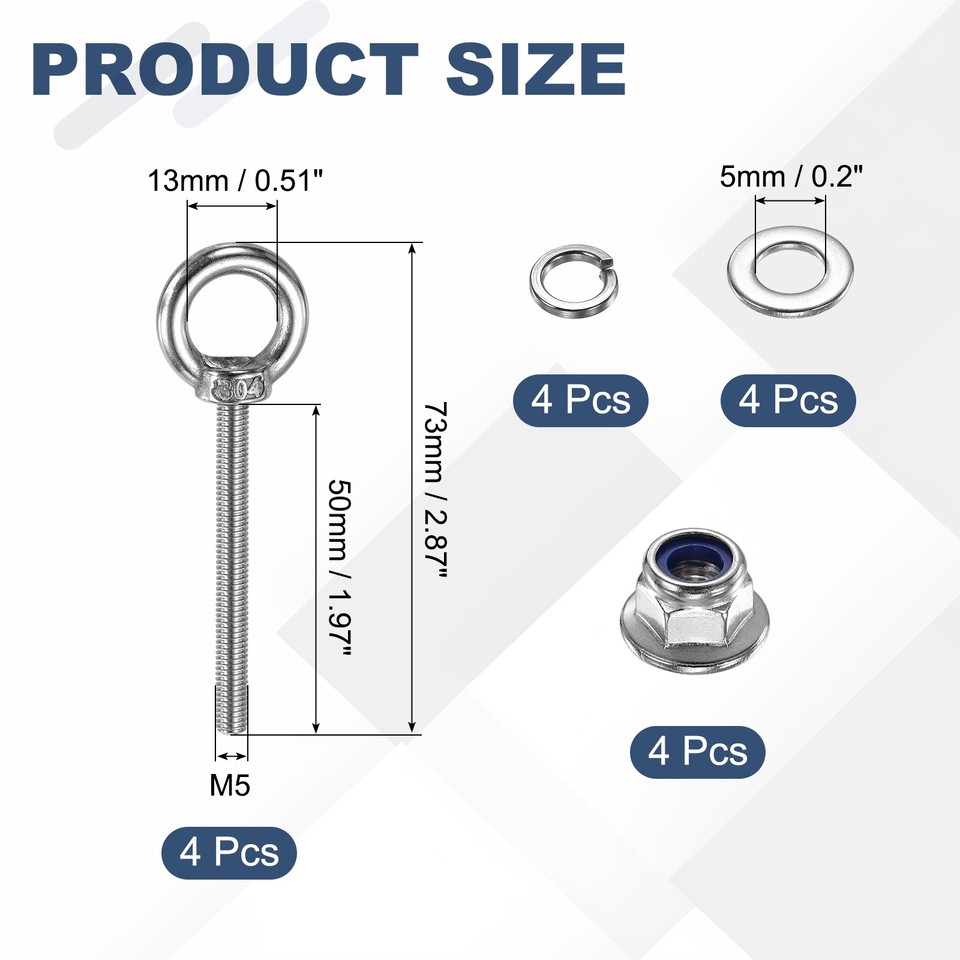 M5 x 50mm Shoulder Eye Bolt, 4 Pcs 304 Stainless Steel Lifting Eye Bolt ...