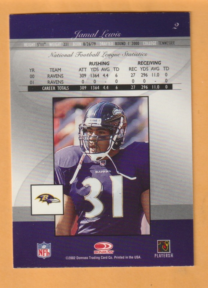 Jamal Lewis Baltimore Ravens 2002 Donruss Elite #2 Tennessee Volunteers ...