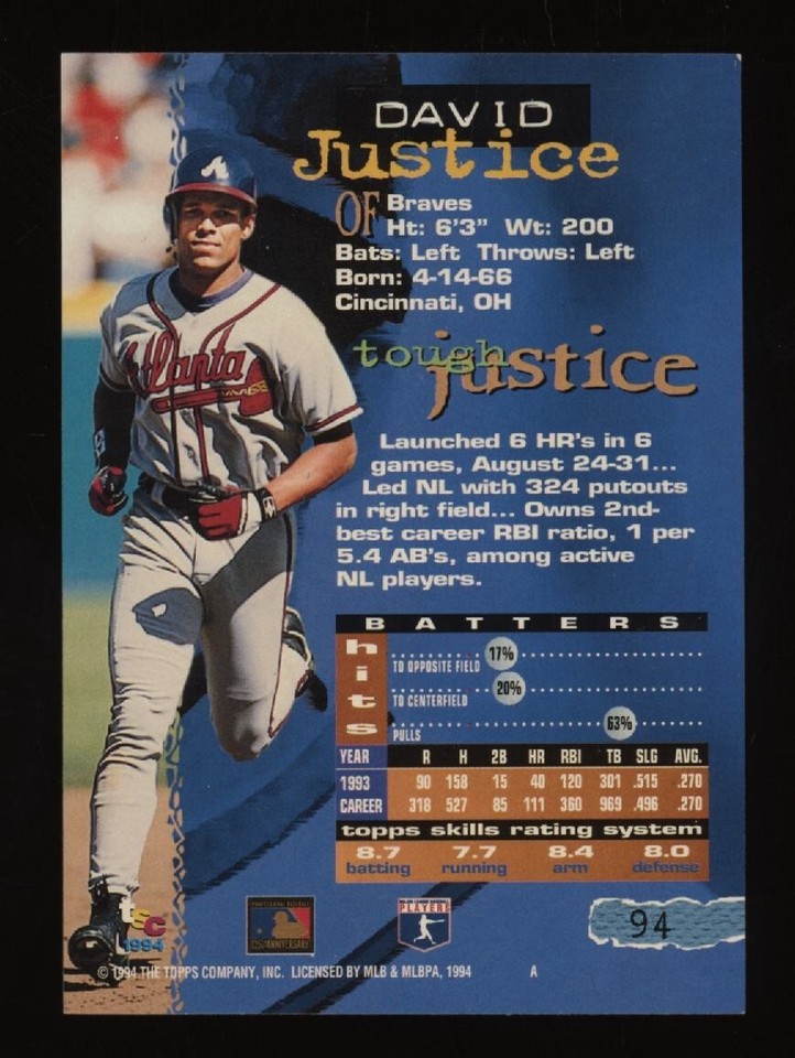 1994 David Justice Topps Stadium Club Baseball 1st Day Issue #94 *NICE ...