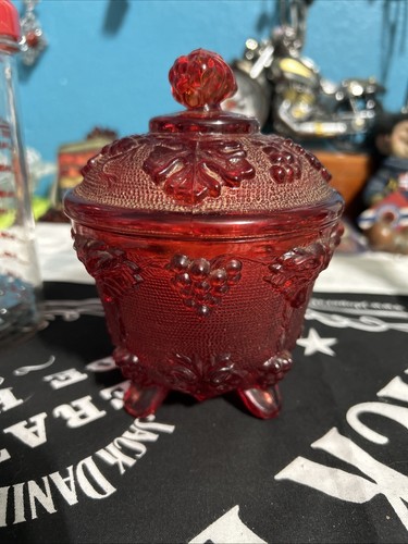 Vintage Jeanette Ruby Red Covered Footed Candy Dish Harvest Grape With ...