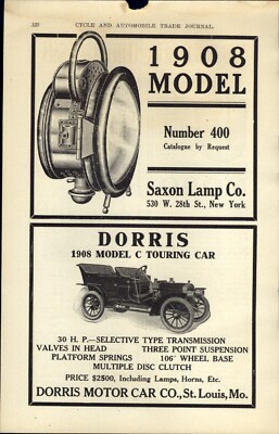 1907 PAPER AD CAR AUTO Dorris Model C Touring 1908 Model No 400 Saxon ...