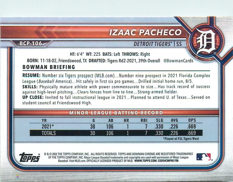 Izaac Pacheco 2022 Bowman Chrome Prospects Baseball Card #BCP-106 ...