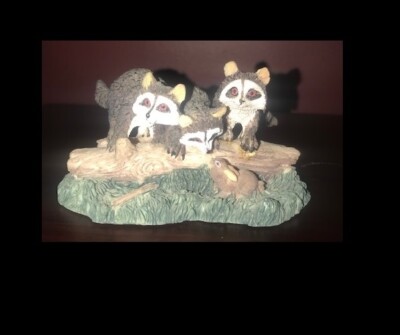 RESIN FIGURINE 3 RACCOONS ON A LOG LOOKING AT BUNNY APPROX 4" x 3" | eBay