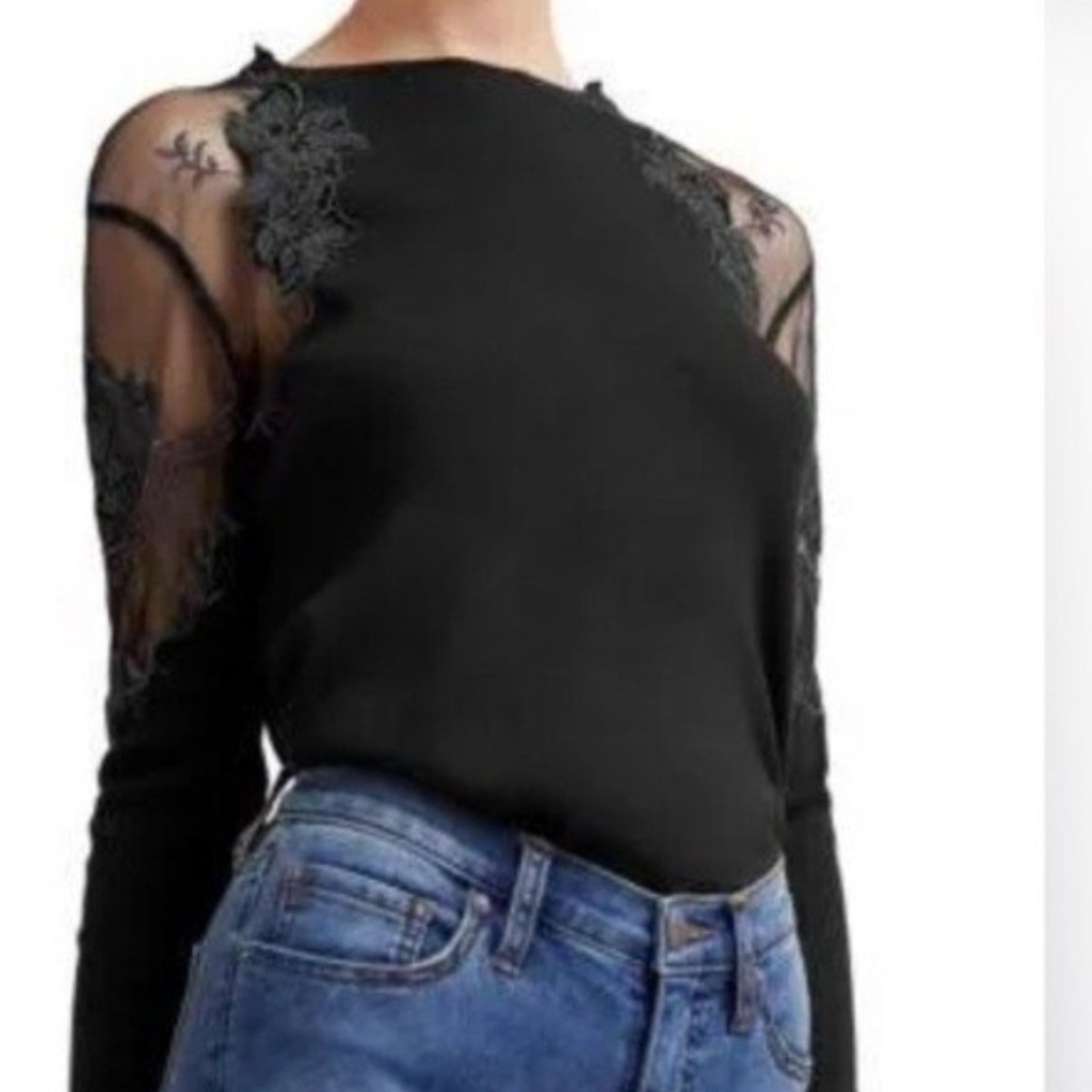 Free People Daniella Top XS Black Lace Sheer Shoulder… - Gem