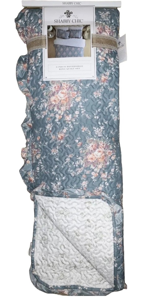 Shabby Chic, Rachel Ashwell Reversible Blue Floral KING Quilt & Sham ...