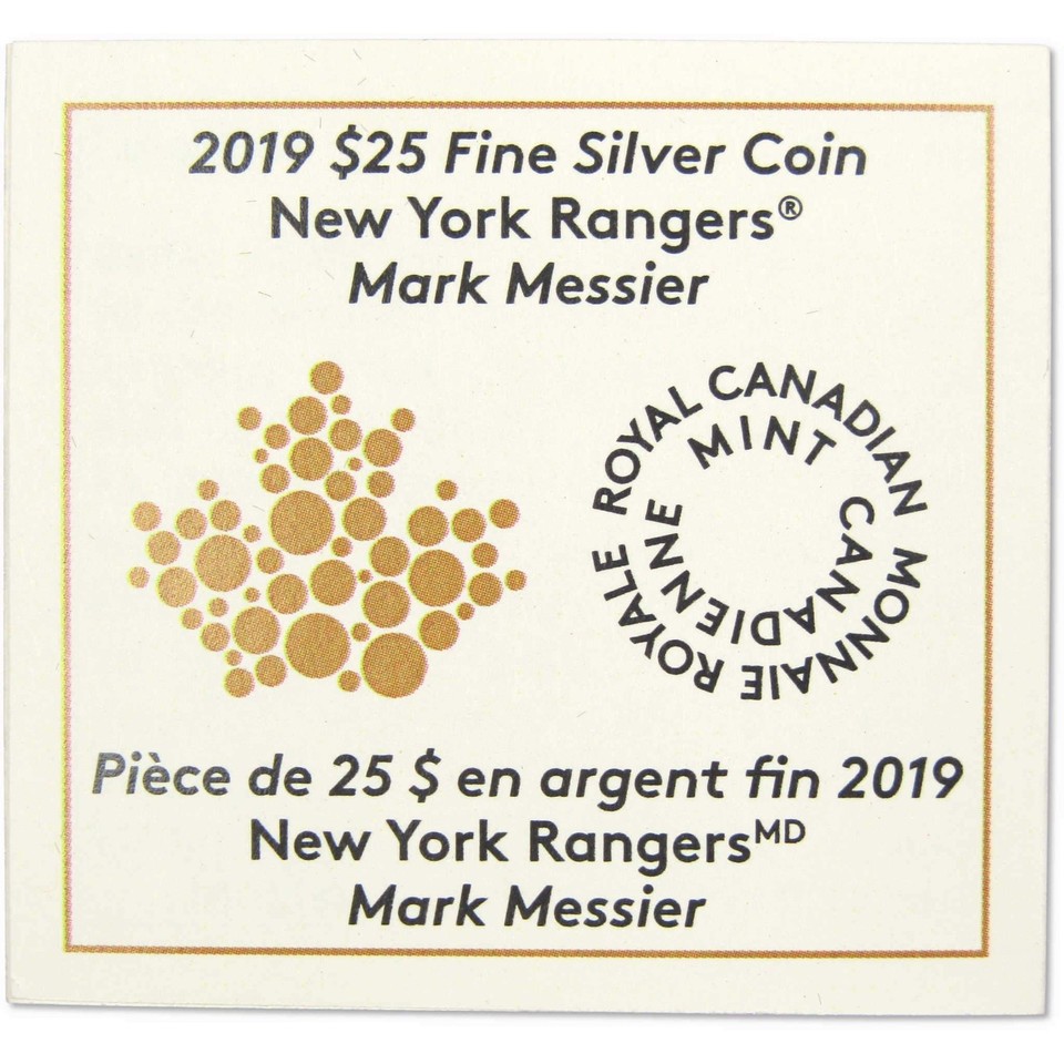 NHL New York Rangers Mark Messier .9999 Silver $25 Proof 2019 Canada ...