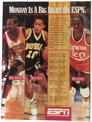 Big Monday ESPN College Basketball 1989 Vintage Print Ad 8x11 Inches ...