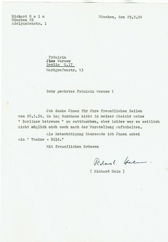 Richard Holm (1912-1988) Autograph Opernsänger Brief 1954 München ...