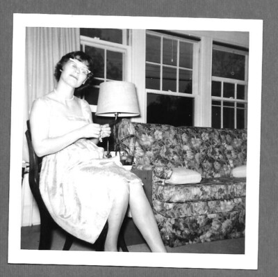 Vintage 1950s Photo Snapshot Lady In Cat Eye Glasses By Flower Printed 7696