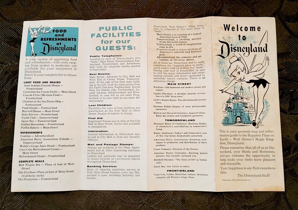 1956 Welcome To Disneyland Gate Flyer/Guide/Brochure and Map, with Tinkerbell | eBay