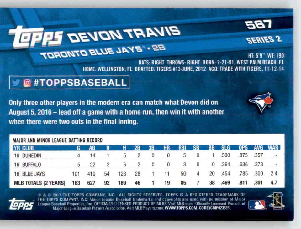 2017 Topps Series 2 Devon Travis Base Card MLB PWE Set Break Blue Jays ...