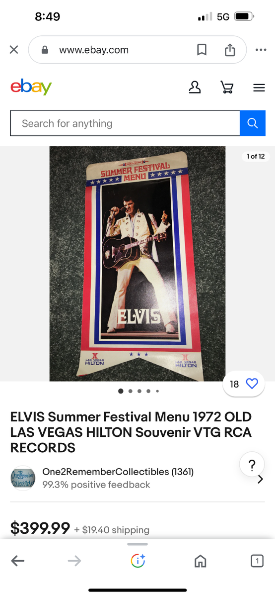 Elvis Presley Hilton International Souvenir Menu 1972 Summer Festival