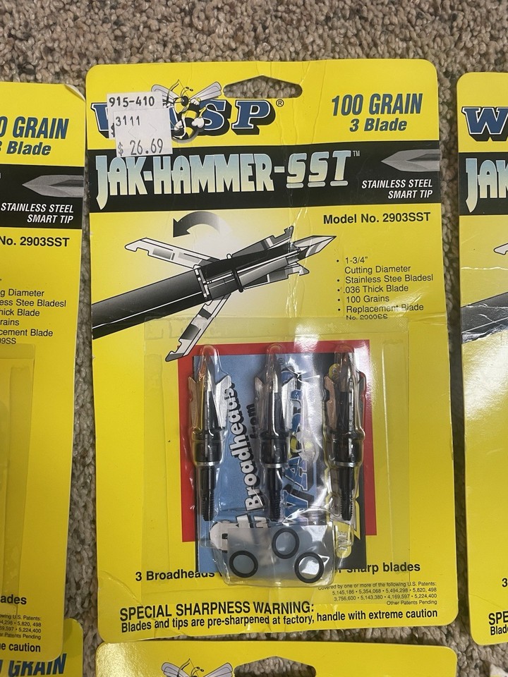 Wasp Jak Hammer 100 Grain 3 Blade Broadheads - 6 Packs - Brand New ...