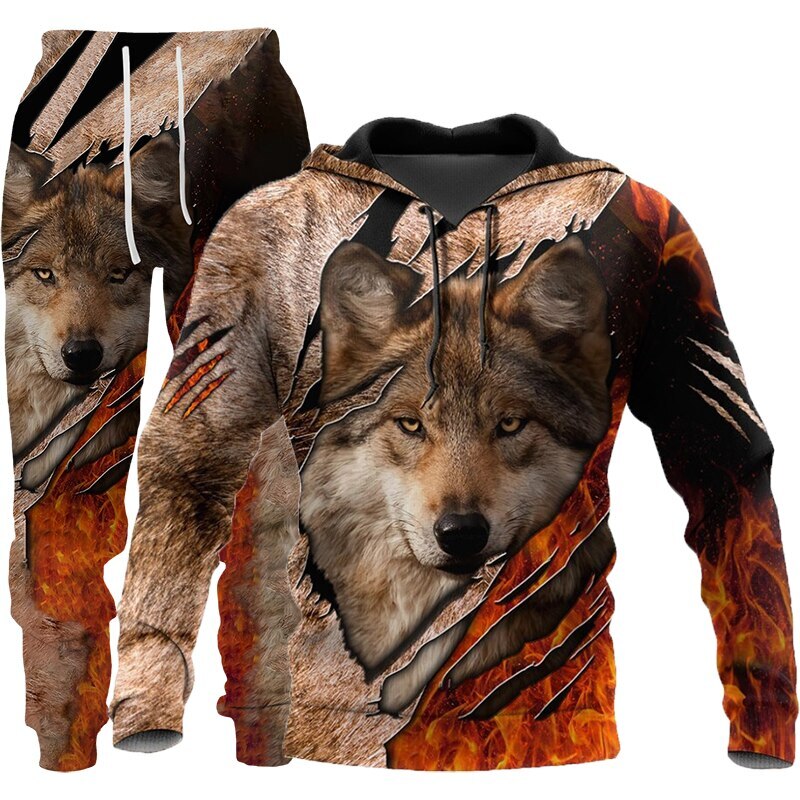 Men Autumn Tracksuit Wolf 3D Printed Hoodie Pants Suit Casual Pullover ...