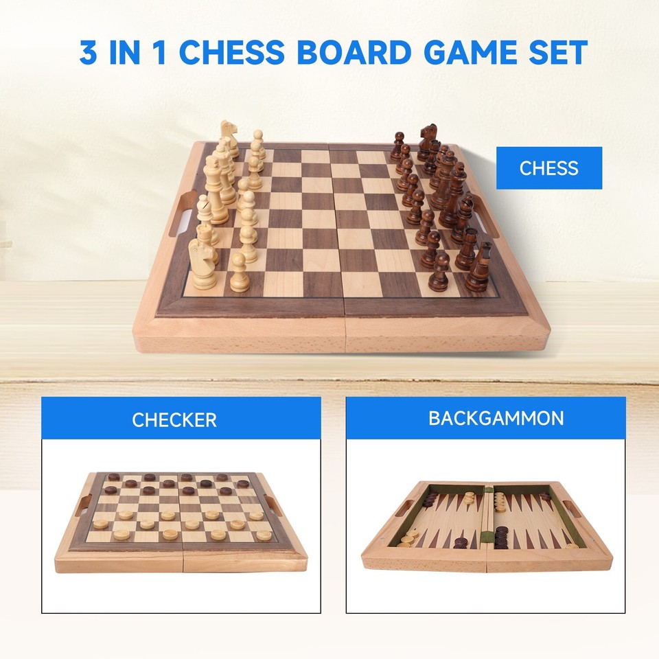 3-in-1 Wooden Folding Chess, Checker & Backgammon Board Game Set with ...