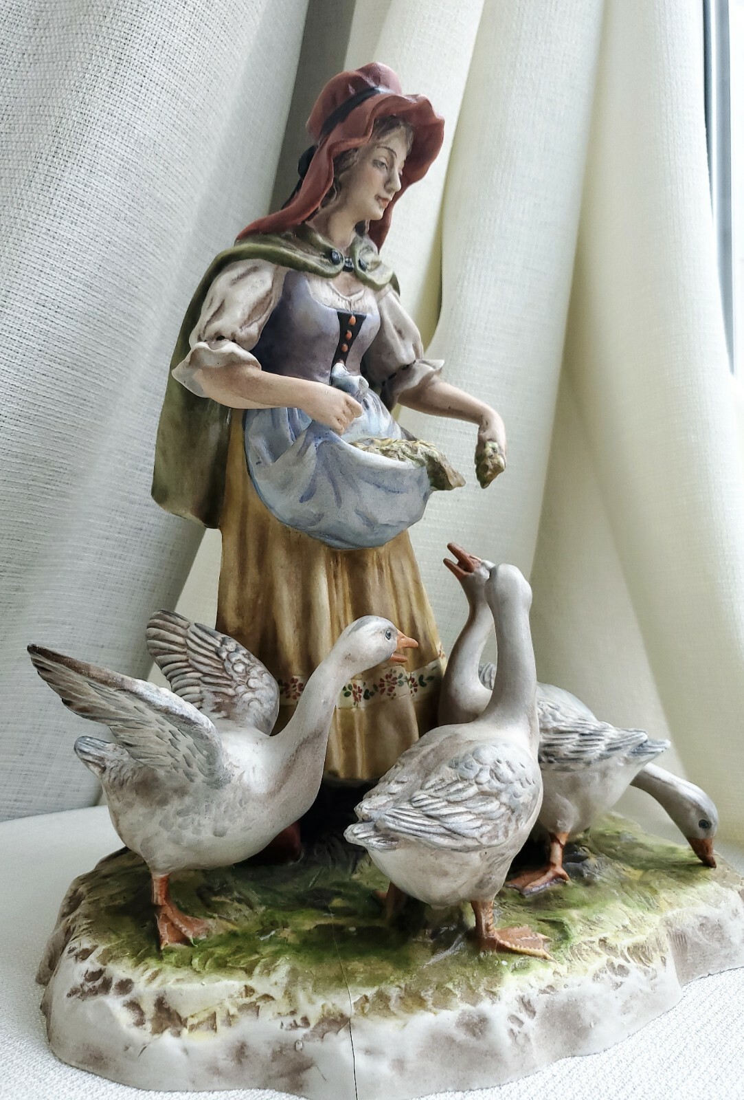 Vintage Italian Capodimonte beautiful peasant Woman feeding Geese large ...
